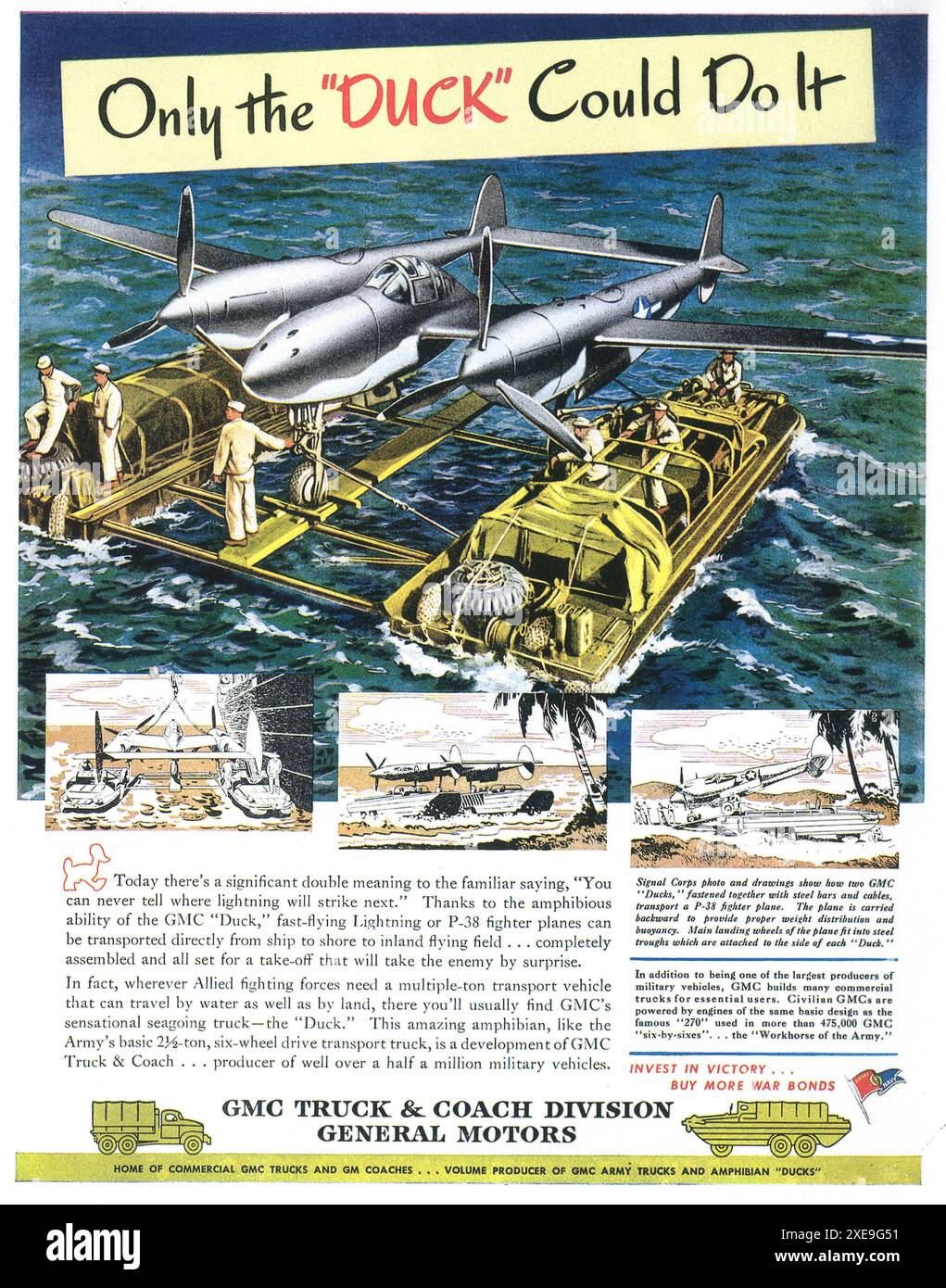 1945 WW2 GMC Trucks Ad - P-38 Lightning Fighter on GMC Duck Pontoons ...