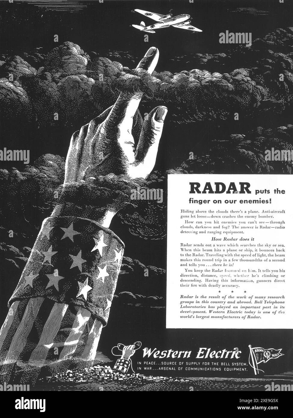 1943 WW2 Western Electric radars ad - "Radars puts the finger on our ...