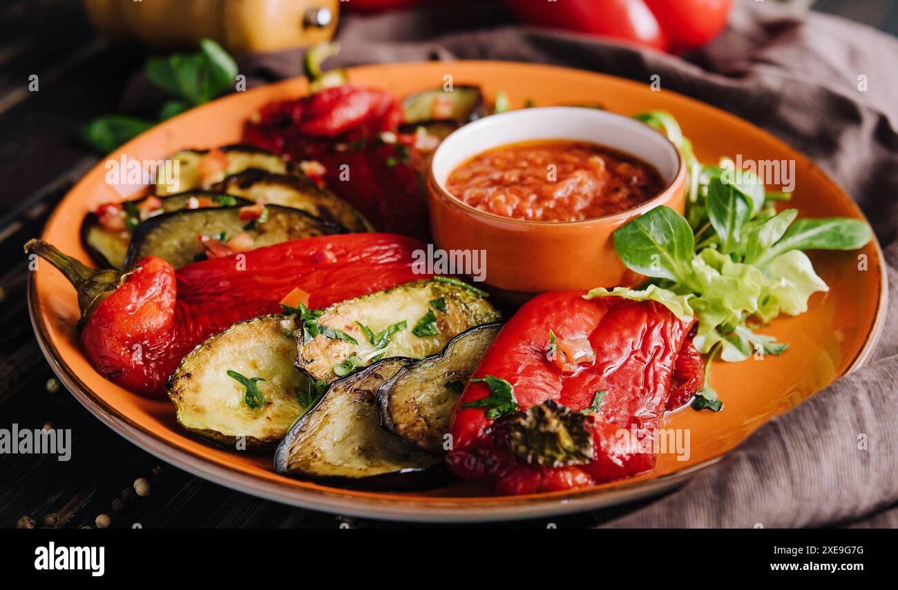 Grilled colorful vegetables, aubergines, zucchini, pepper with spice ...