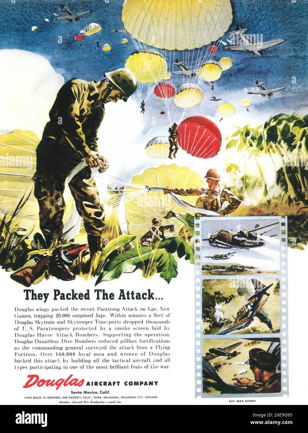 1944 WW2 Douglas aircraft ad - WW 2 Paratroop attack on Lae, New Guinea ...
