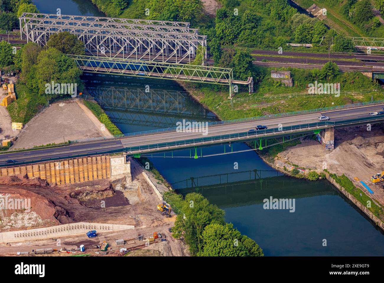 Aerial view, Emscher valley bridge highway bridge A43 over river ...