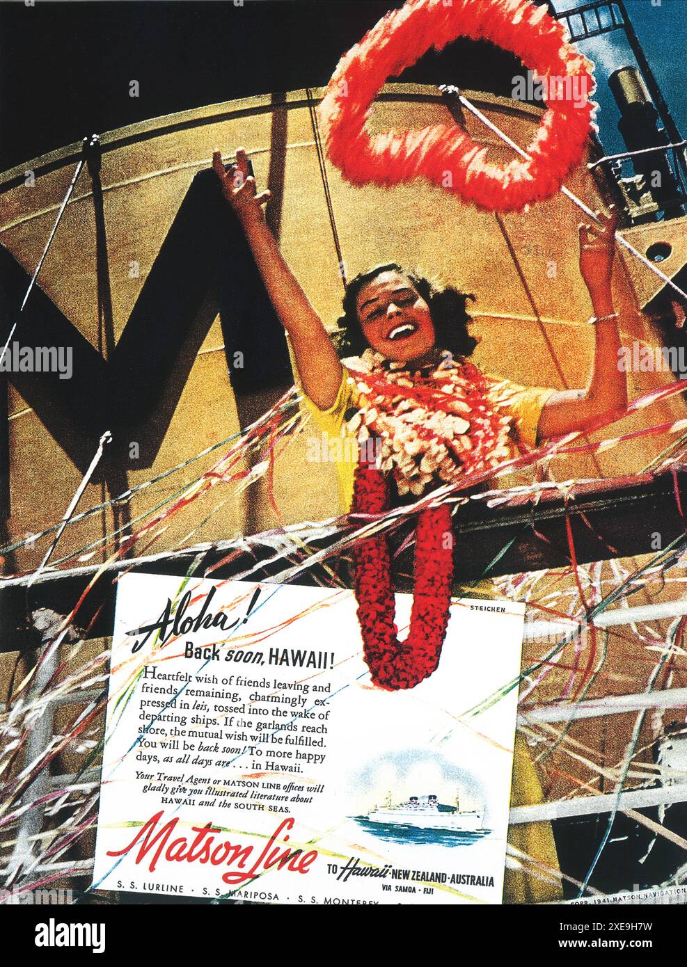 1941 Matson Cruise Lines Ad - Back soon Hawaii Stock Photo - Alamy