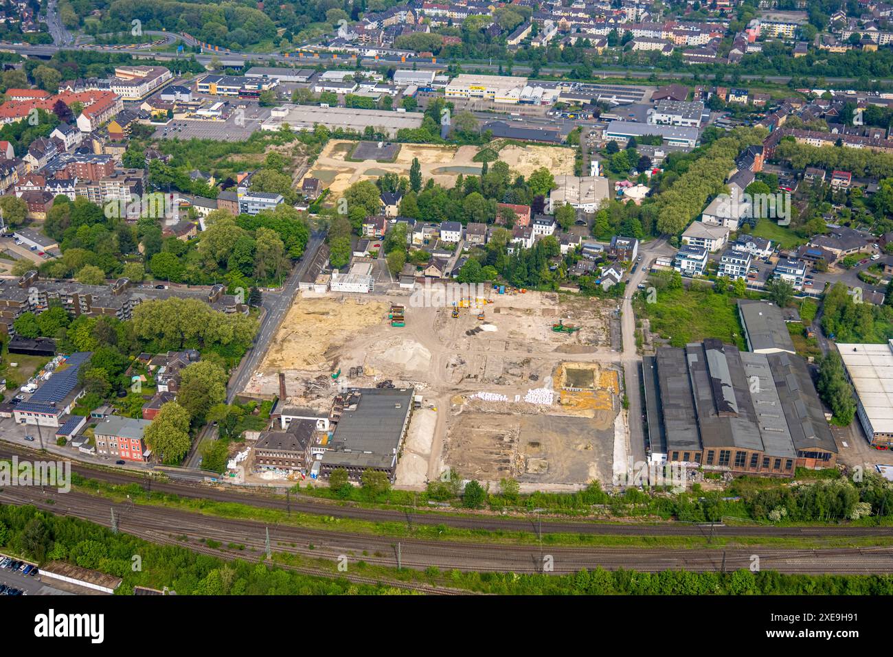 Aerial view, derelict building site between Baumstraße and Fabrikstraße ...
