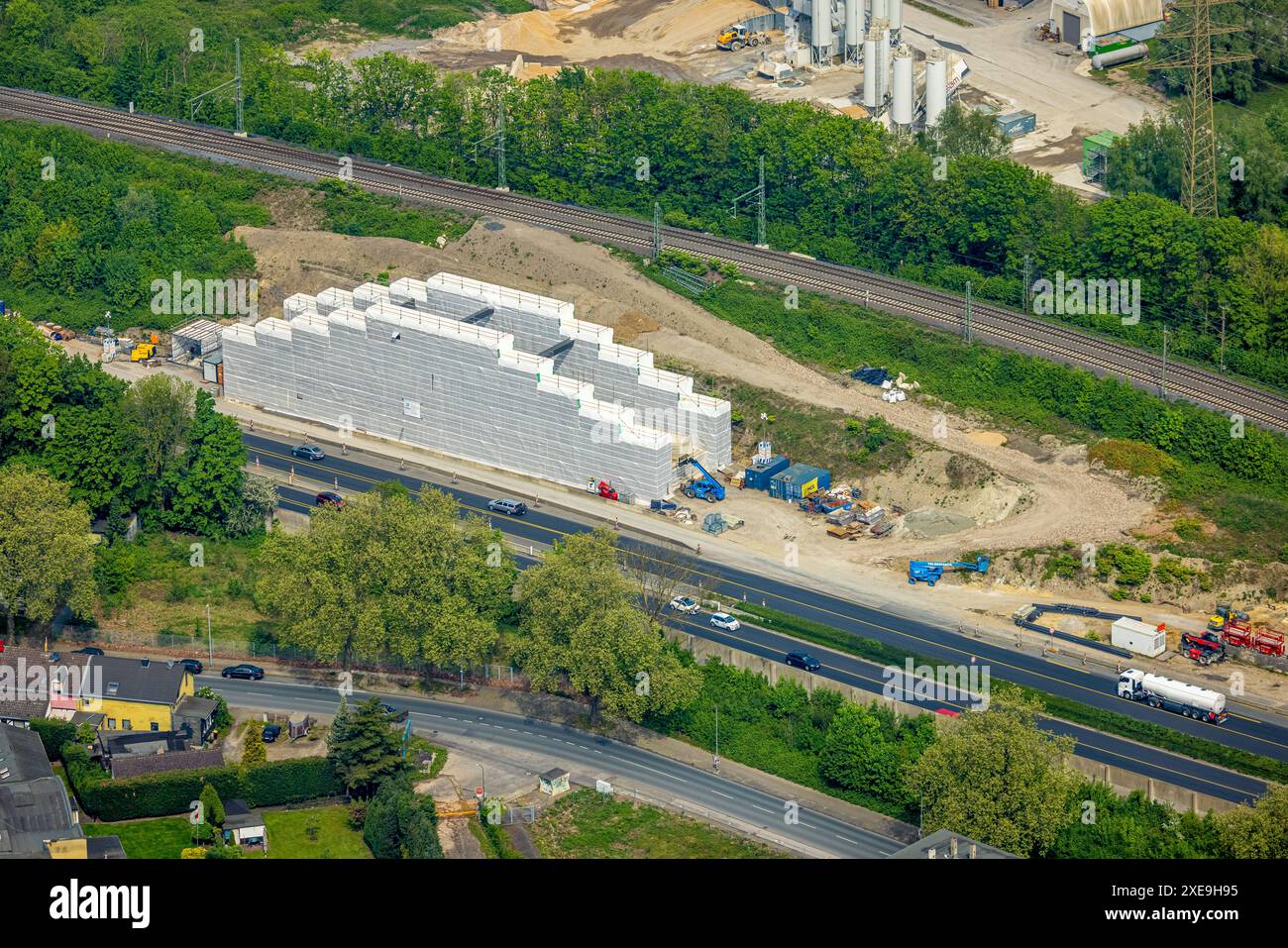 Aerial view, bridge construction over the A42 highway and railroad line ...