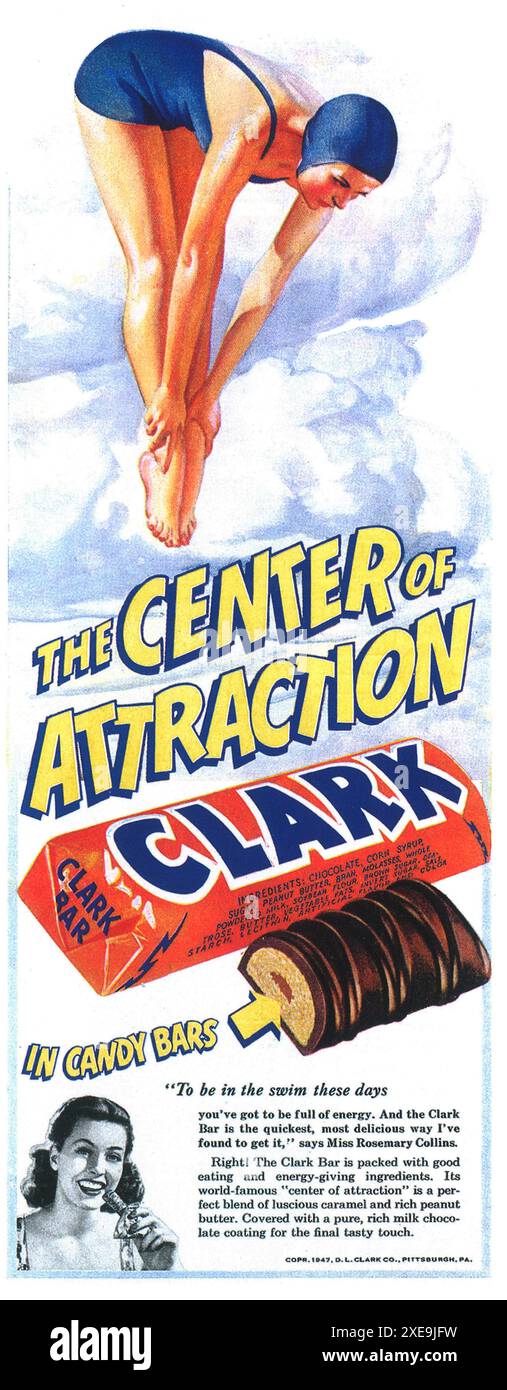 1947 Clark Candy Bar ad - The center of attraction Stock Photo - Alamy