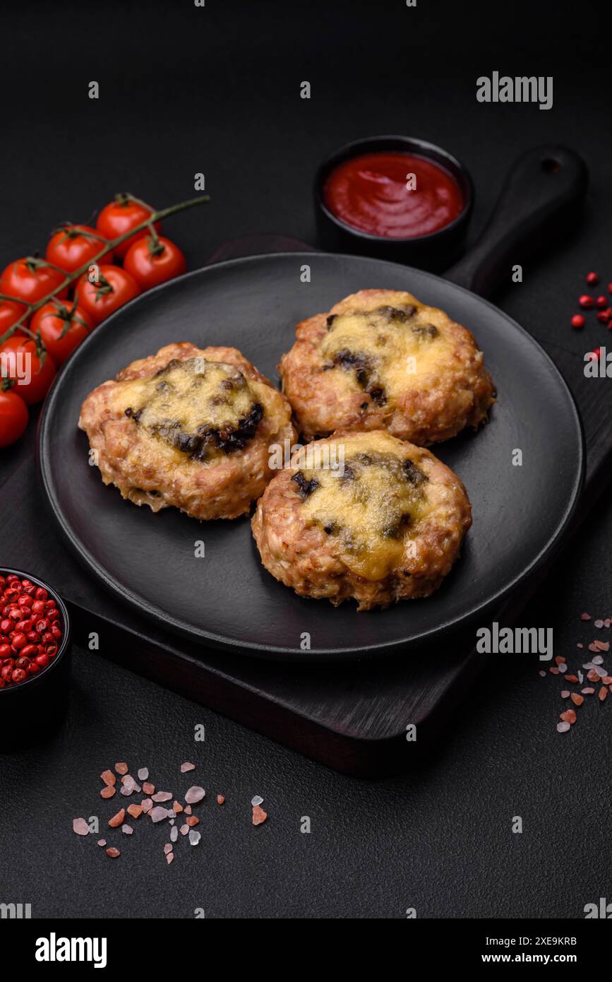 Delicious baked meat boats with mushrooms, cheese, salt and spices ...