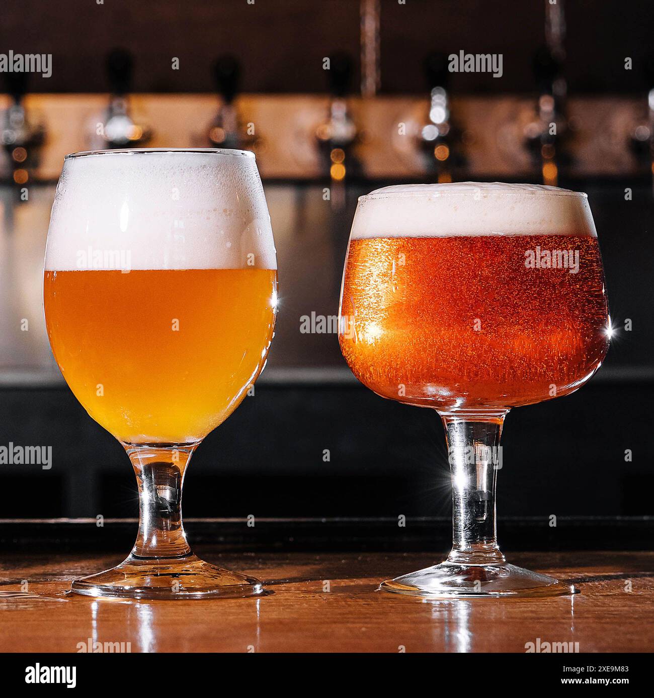 Craft beer in glasses on table in pub interior in daylight Stock Photo ...