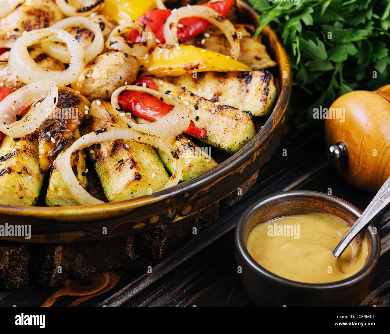 Grilled fresh vegetables and mustard sauce Stock Photo - Alamy