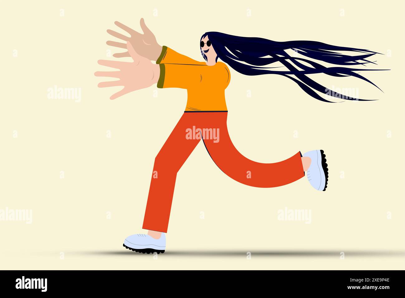 Running to. Woman is happy and running towards something and open her ...