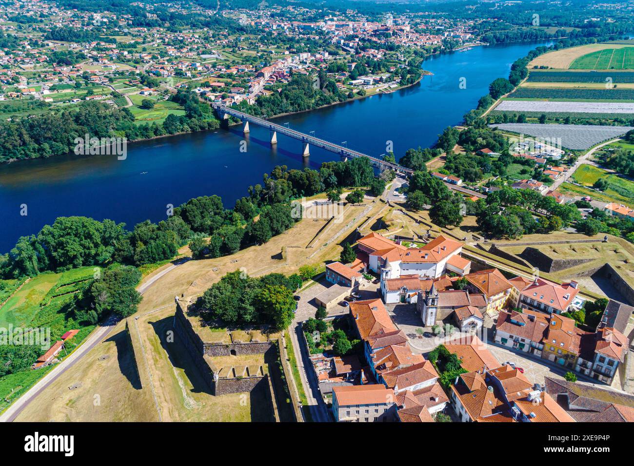 drone view of the Minho river border between Spain and Portugal, cities ...