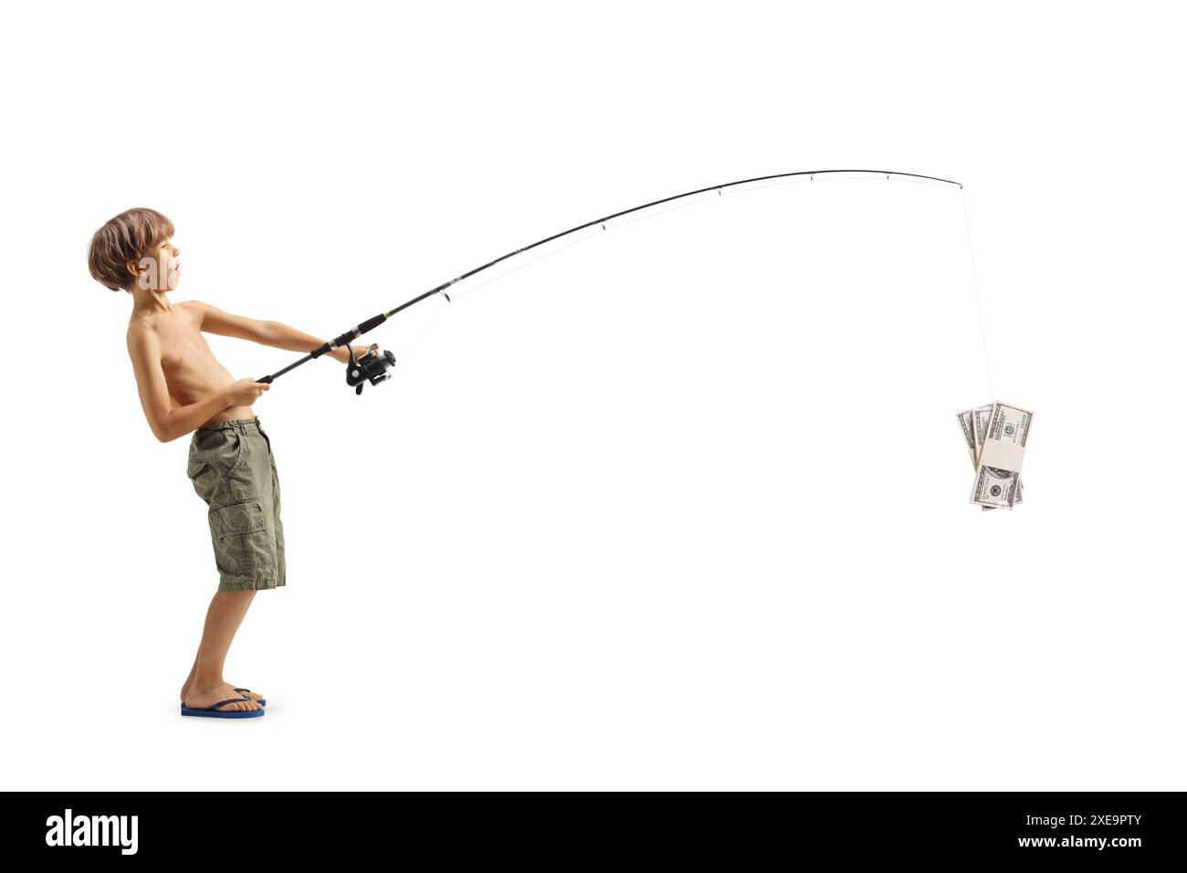 Boy catching money with a fishing rod isolated on white background ...