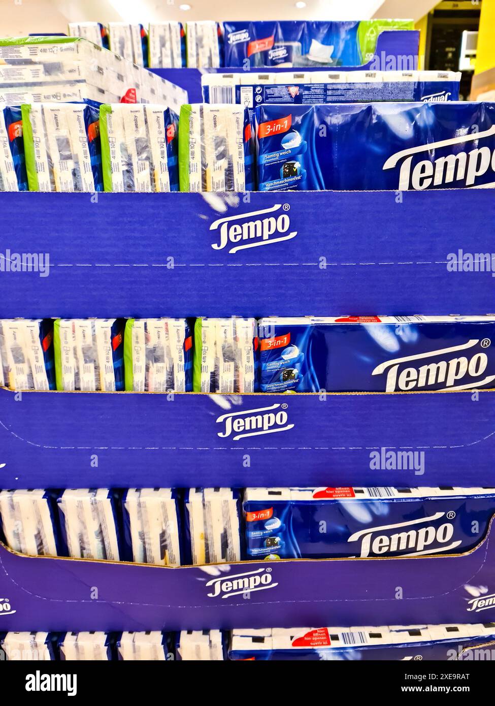 Kiel, Germany - 26 June 2024: A large stack of Tempo brand paper ...