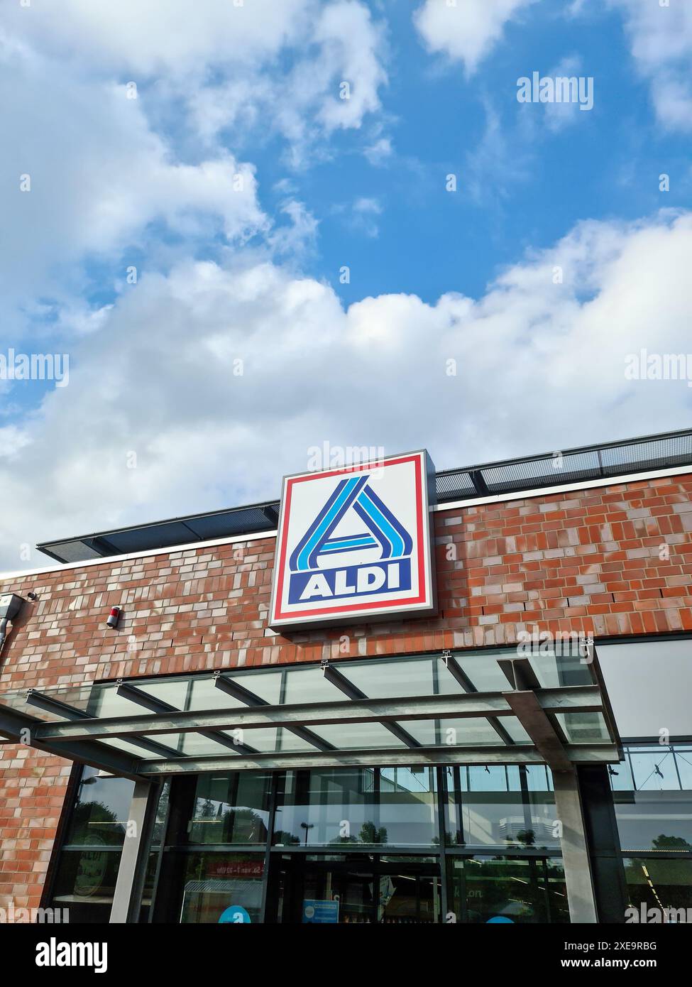 Kiel, Germany - 26 June 2024: The entrance area of a modern Aldi ...
