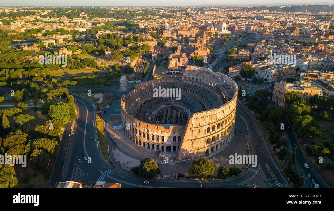 An aerial view of the historic Colosseum and surrounding buildings in ...