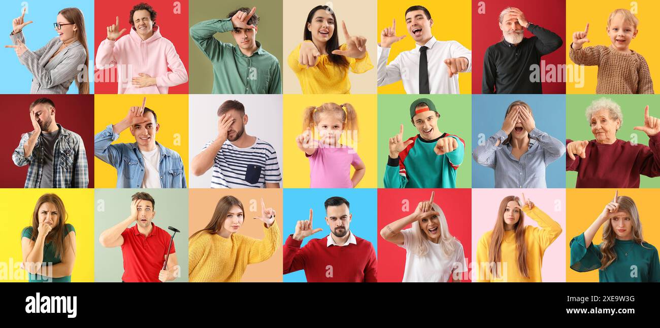 Collage of many people showing Loser gesture and feeling ashamed on ...