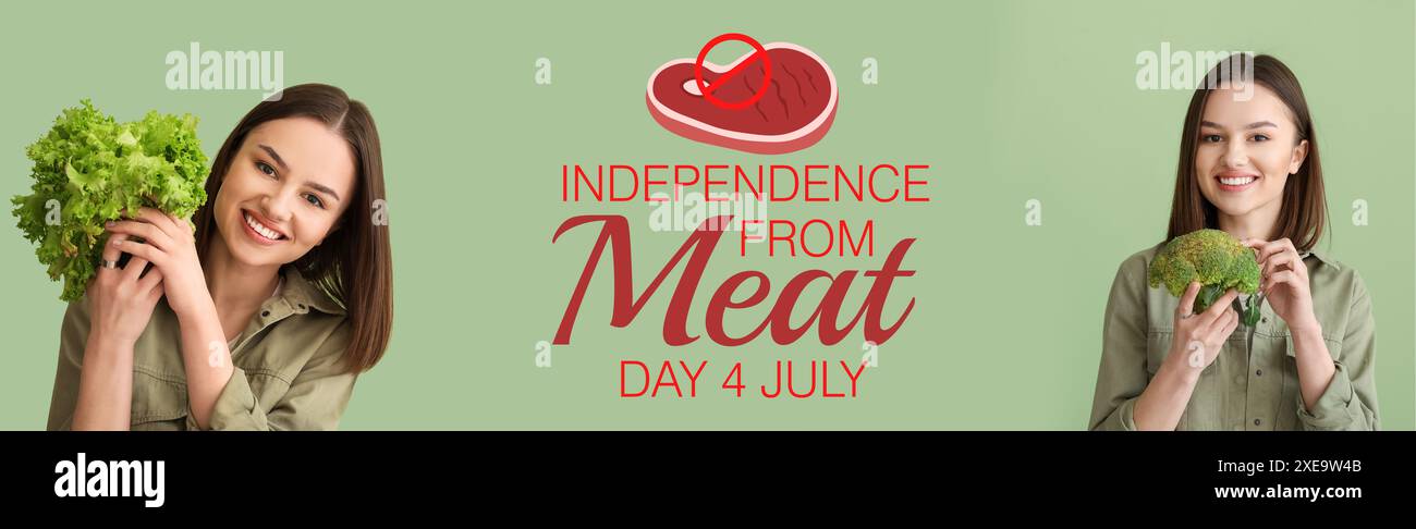 Banner for Independence from Meat Day with young woman holding green ...