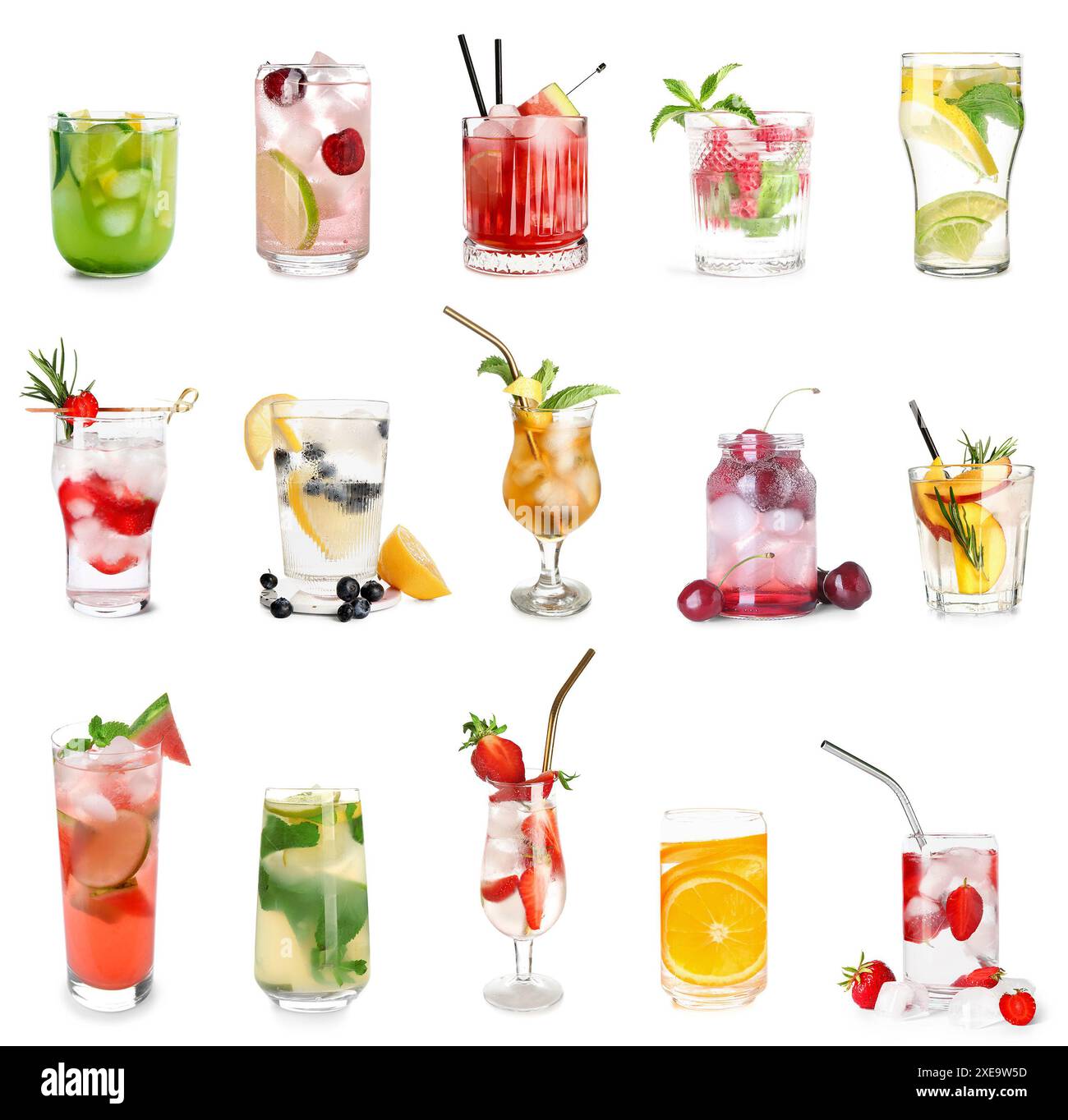 Set of different lemonades on white background Stock Photo - Alamy