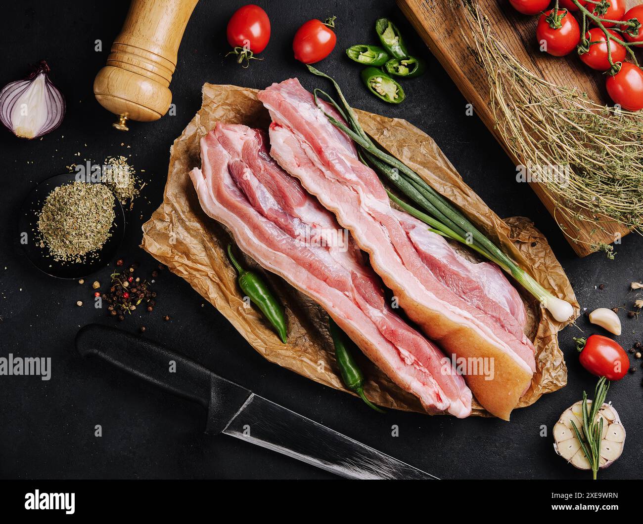Delicious homemade raw-smoked, cured bacon top view Stock Photo - Alamy