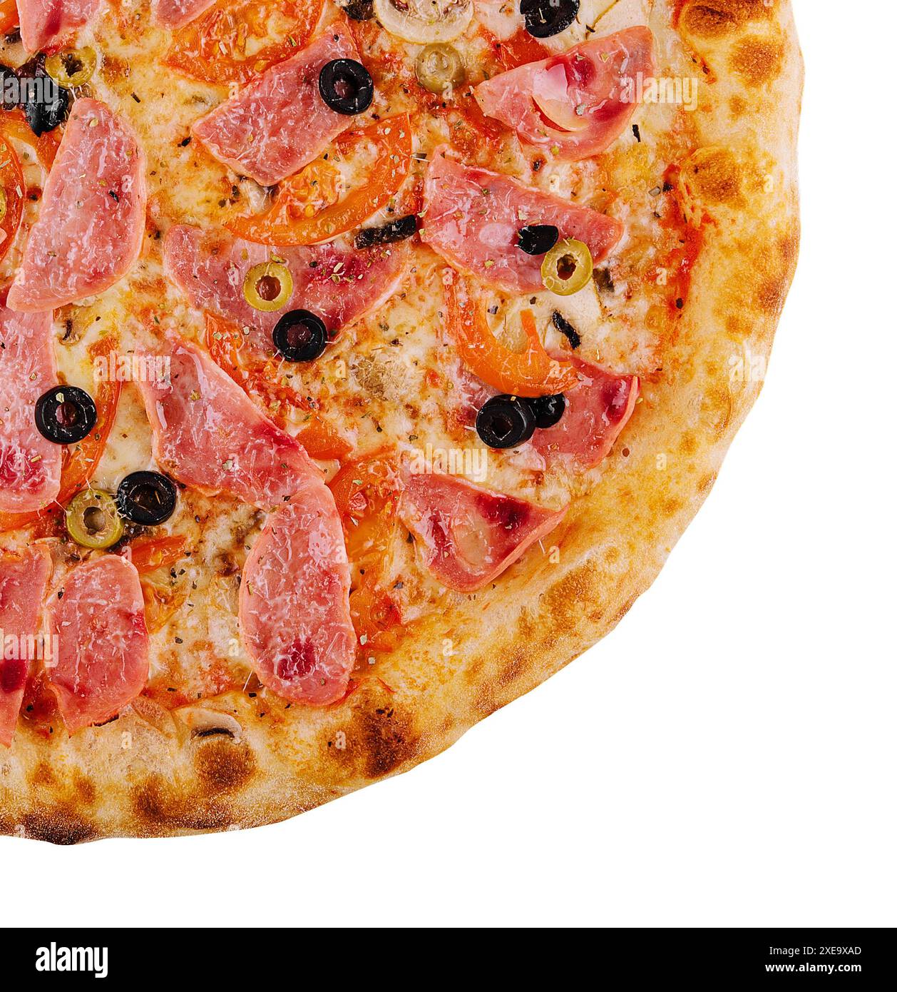 Italian fast food. delicious hot pizza with ham and champignons sliced ...