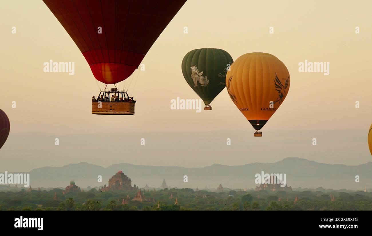 Hot air balloons flying over the temples in Bagan, Myanmar Stock Photo ...