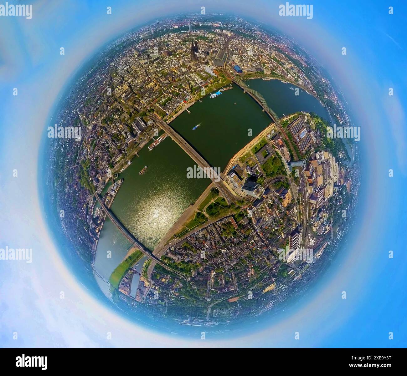 Aerial view, city view Cologne and river Rhine, Severin bridge, Deutz ...