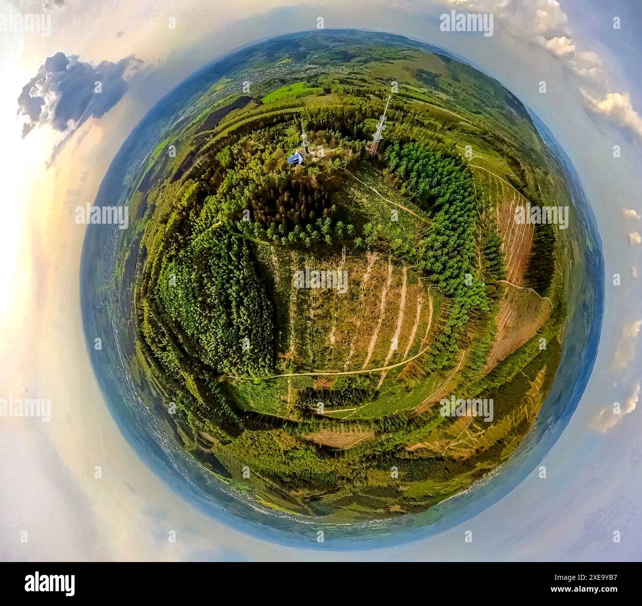 Aerial view, Kindelsberg tower and new transmission tower transmission ...