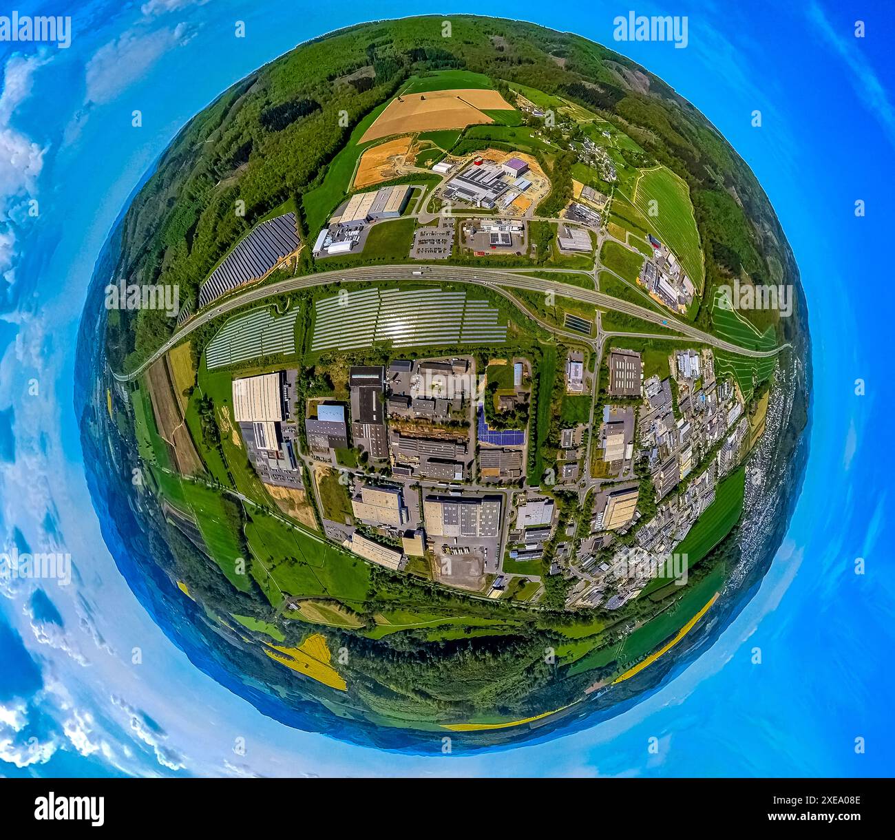 Aerial view, district and industrial area Enste with solar park ...