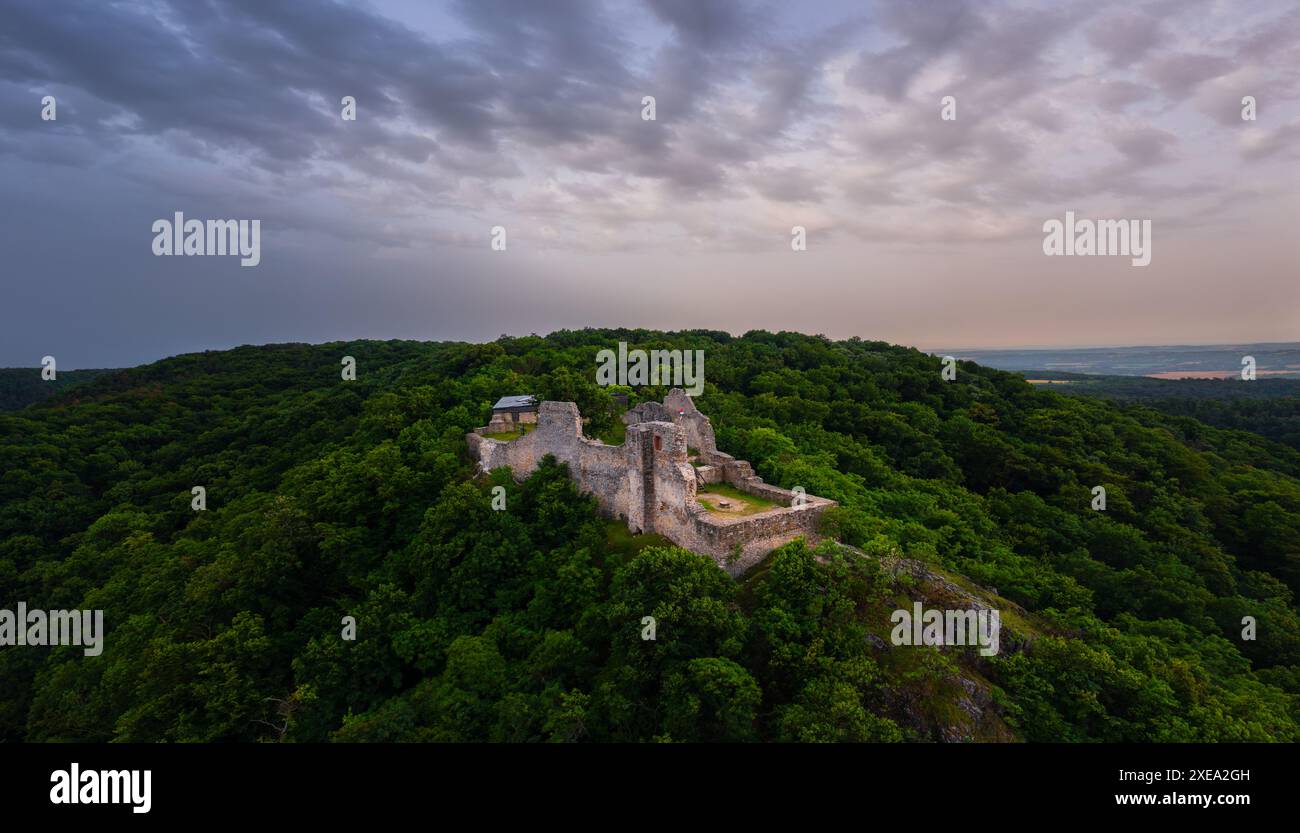 Aerial panoramic view about castle of Rezi, Hungarian name is Rezi var ...