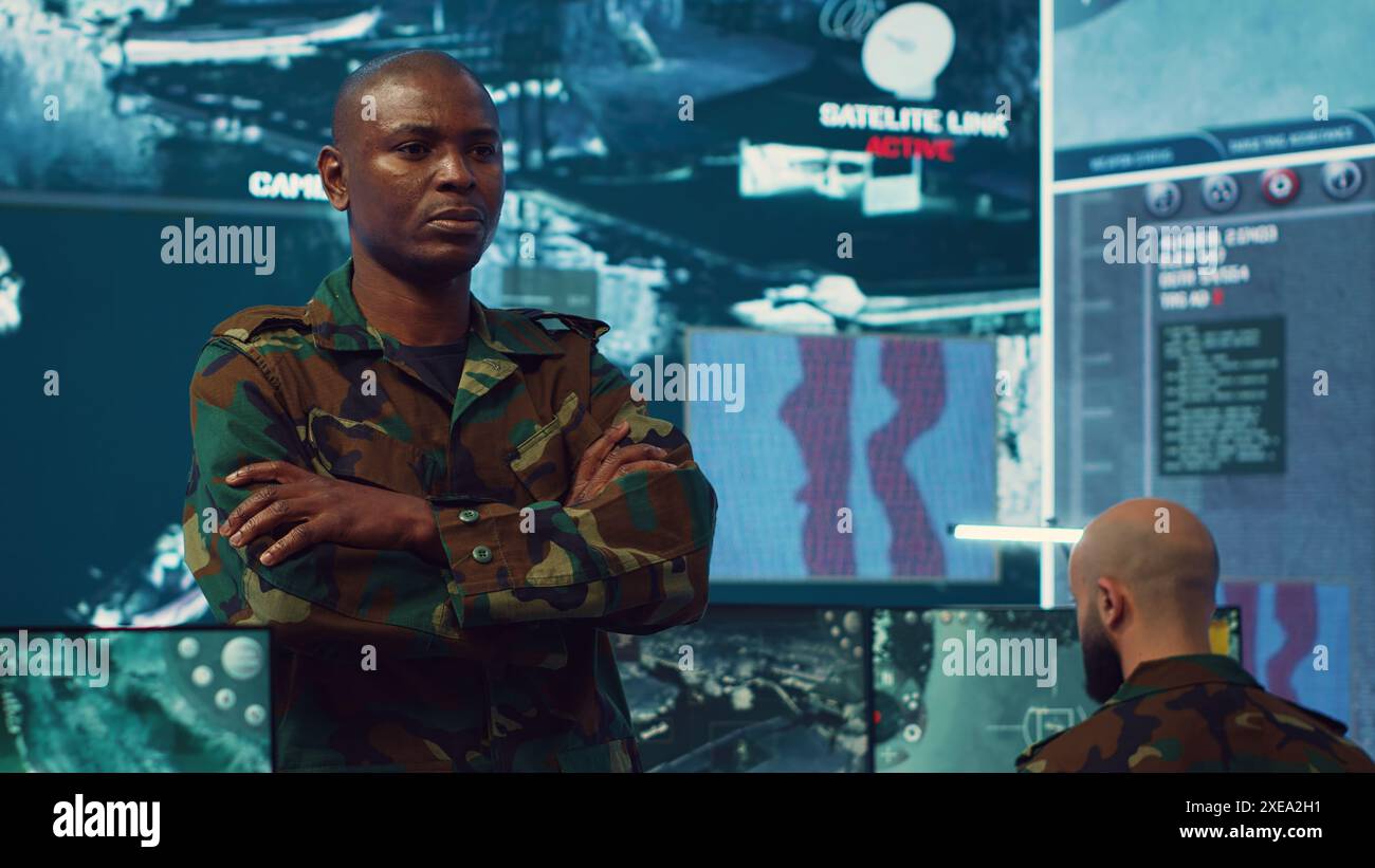 Portrait of confident military general wearing camo uniform in mission ...