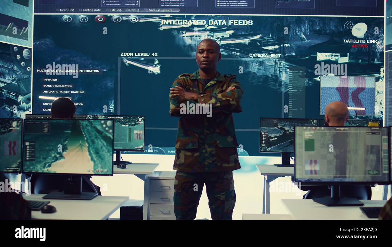 Portrait of national guard commander dressed in military camouflage ...