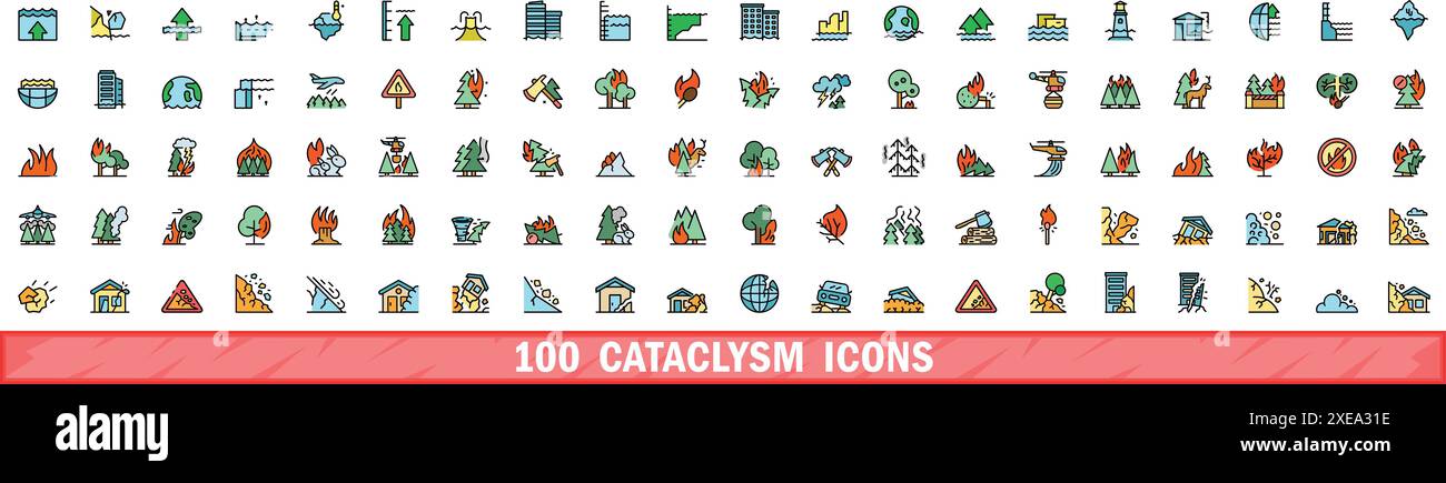 100 cataclysm icons set. Color line set of cataclysm vector icons thin ...
