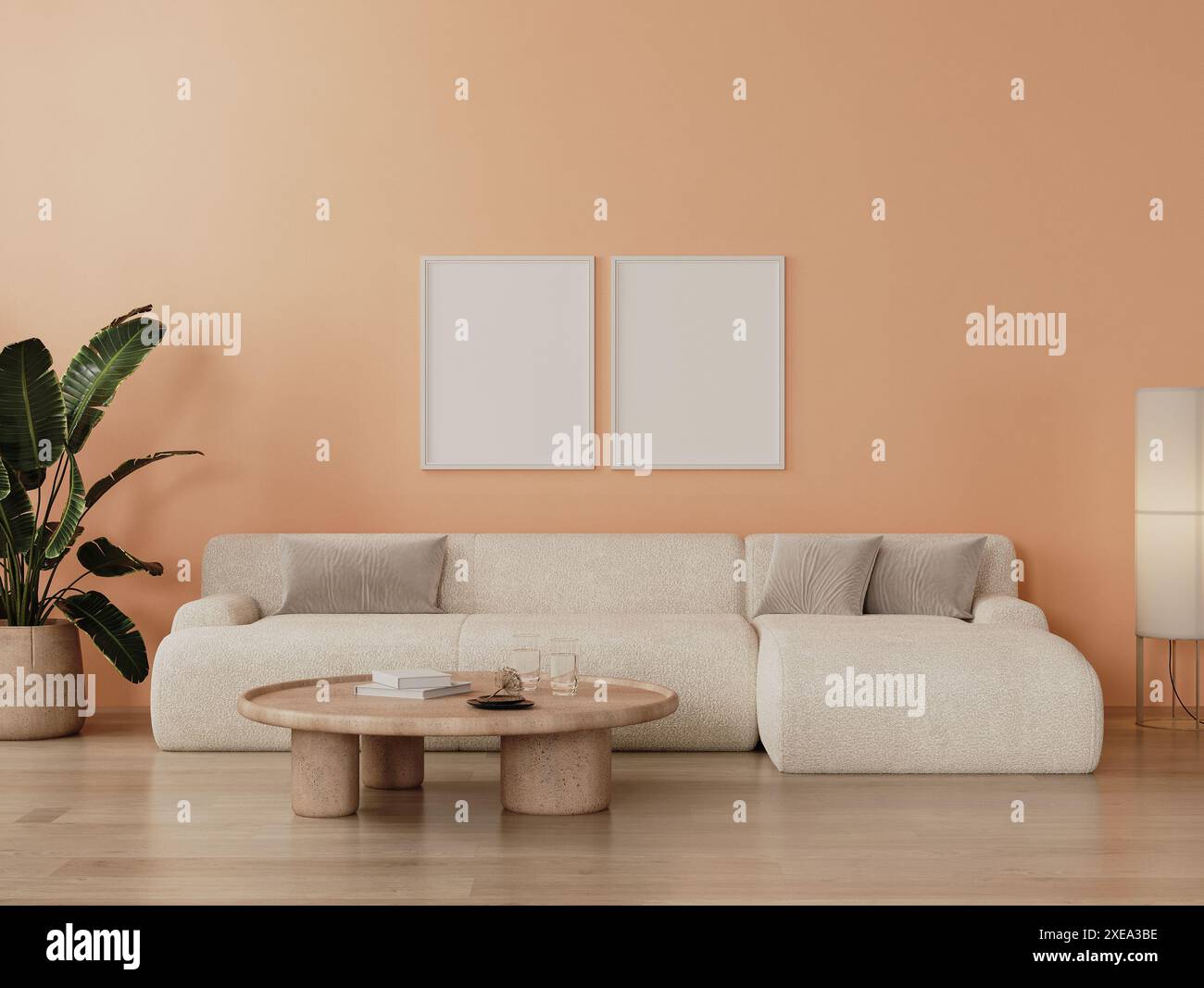 Two frames mock up in modern living room interior in peach fuzz color ...