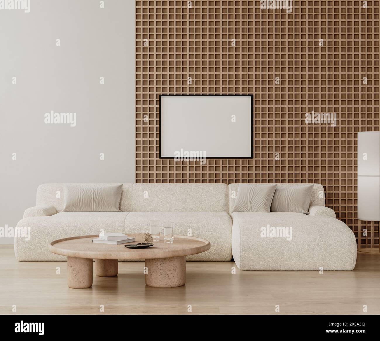 Horizontal frame mock up in modern living room interior with wooden ...