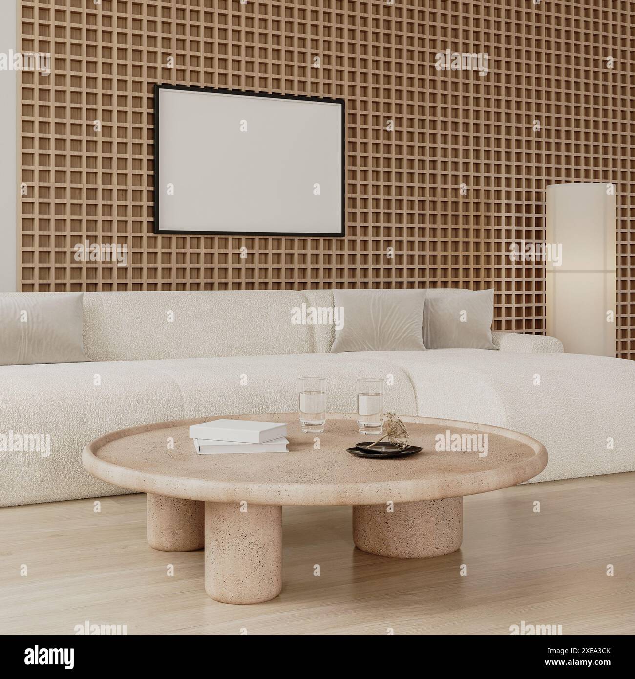 Horizontal frame mock up in modern living room interior with wooden ...