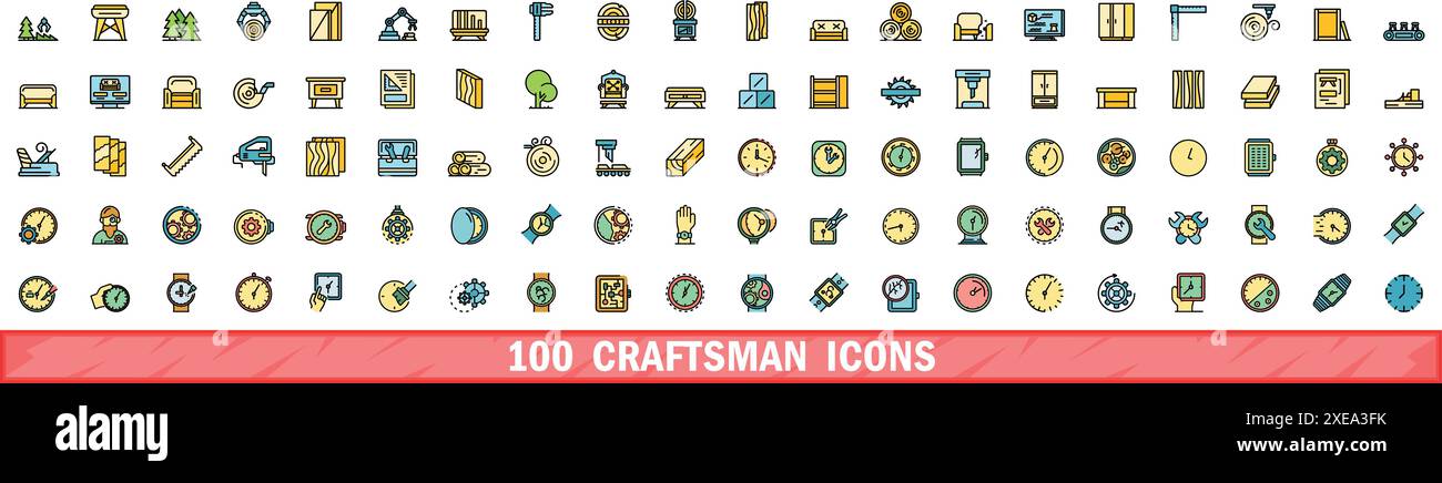 100 craftsman icons set. Color line set of craftsman vector icons thin ...