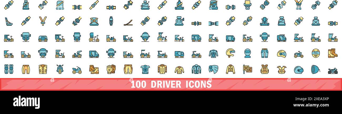 100 driver icons set. Color line set of driver vector icons thin line ...