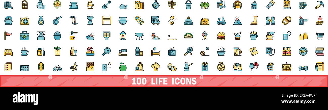 100 life icons set. Color line set of life vector icons thin line color ...
