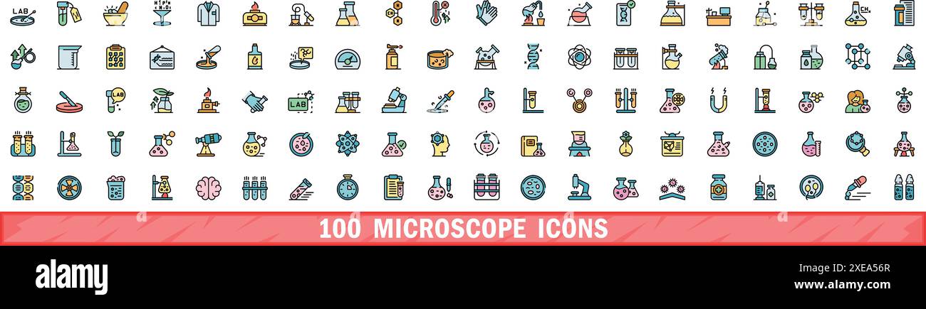 100 microscope icons set. Color line set of microscope vector icons ...