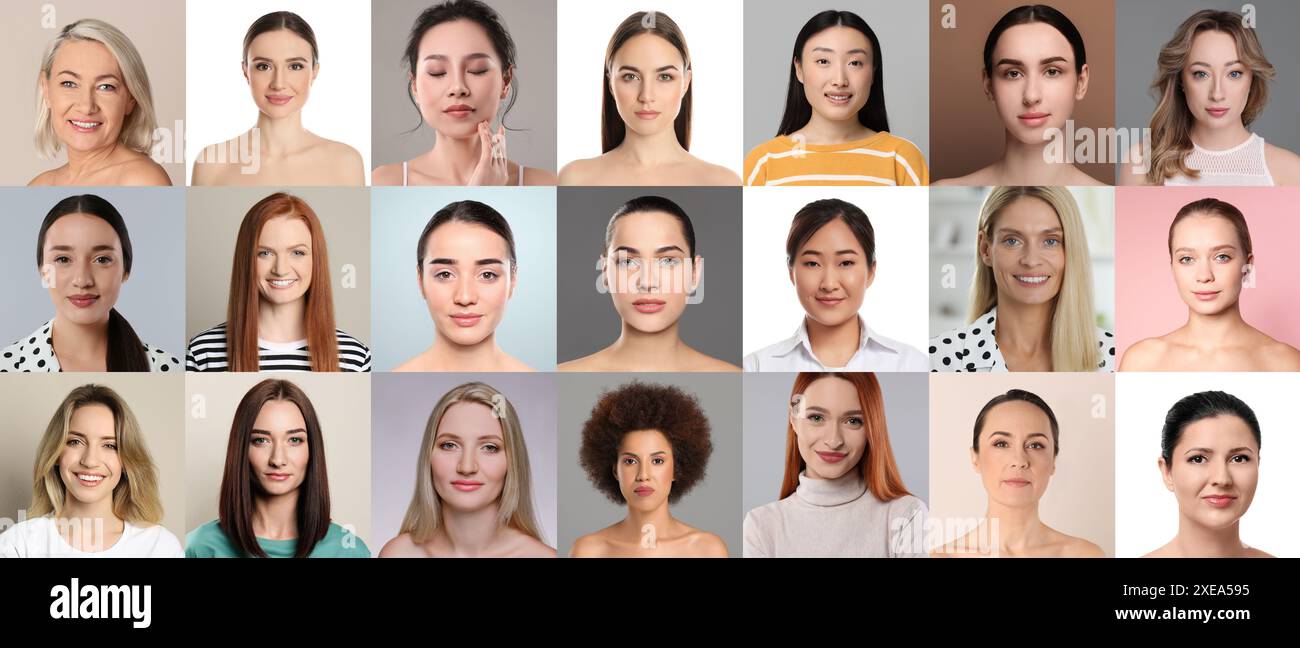 Many beautiful women of different races and ages. Collage of portraits ...