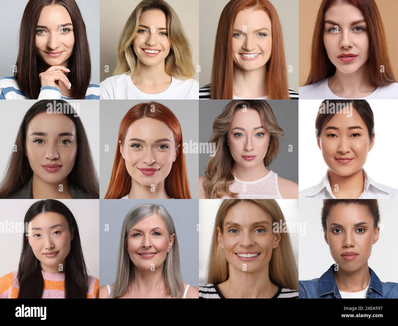Many beautiful women of different races and ages. Collage of portraits ...