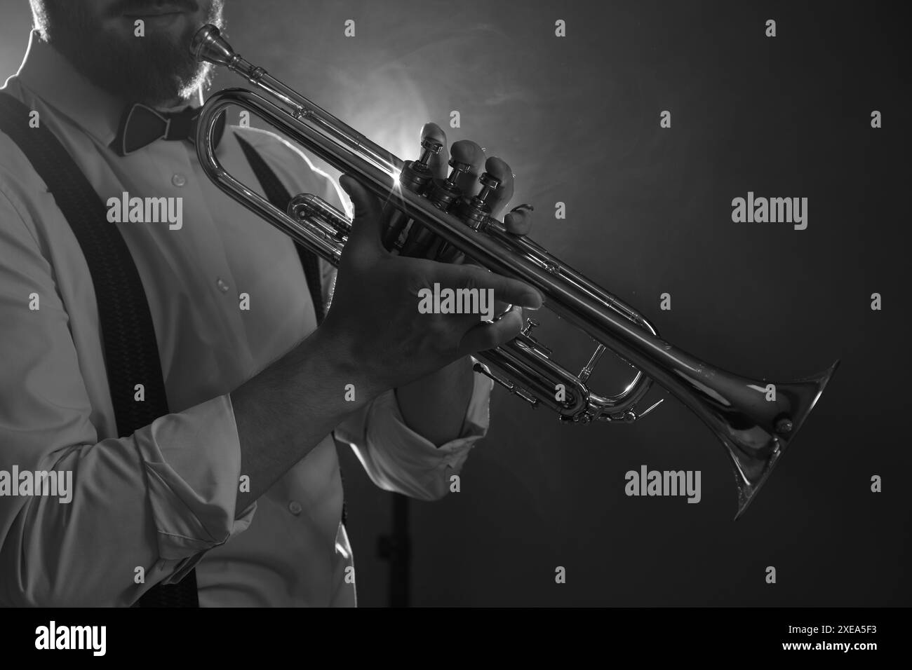 Professional musician holding trumpet on dark background, closeup with ...
