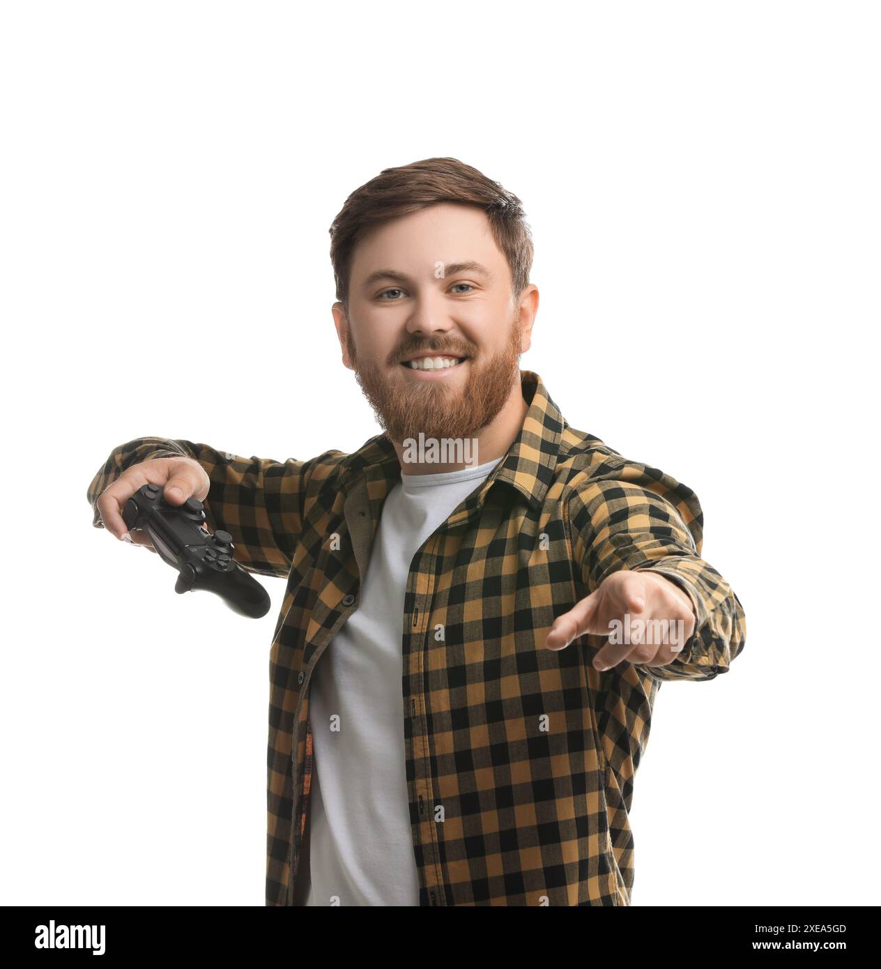 Happy man with game controller on white background Stock Photo - Alamy