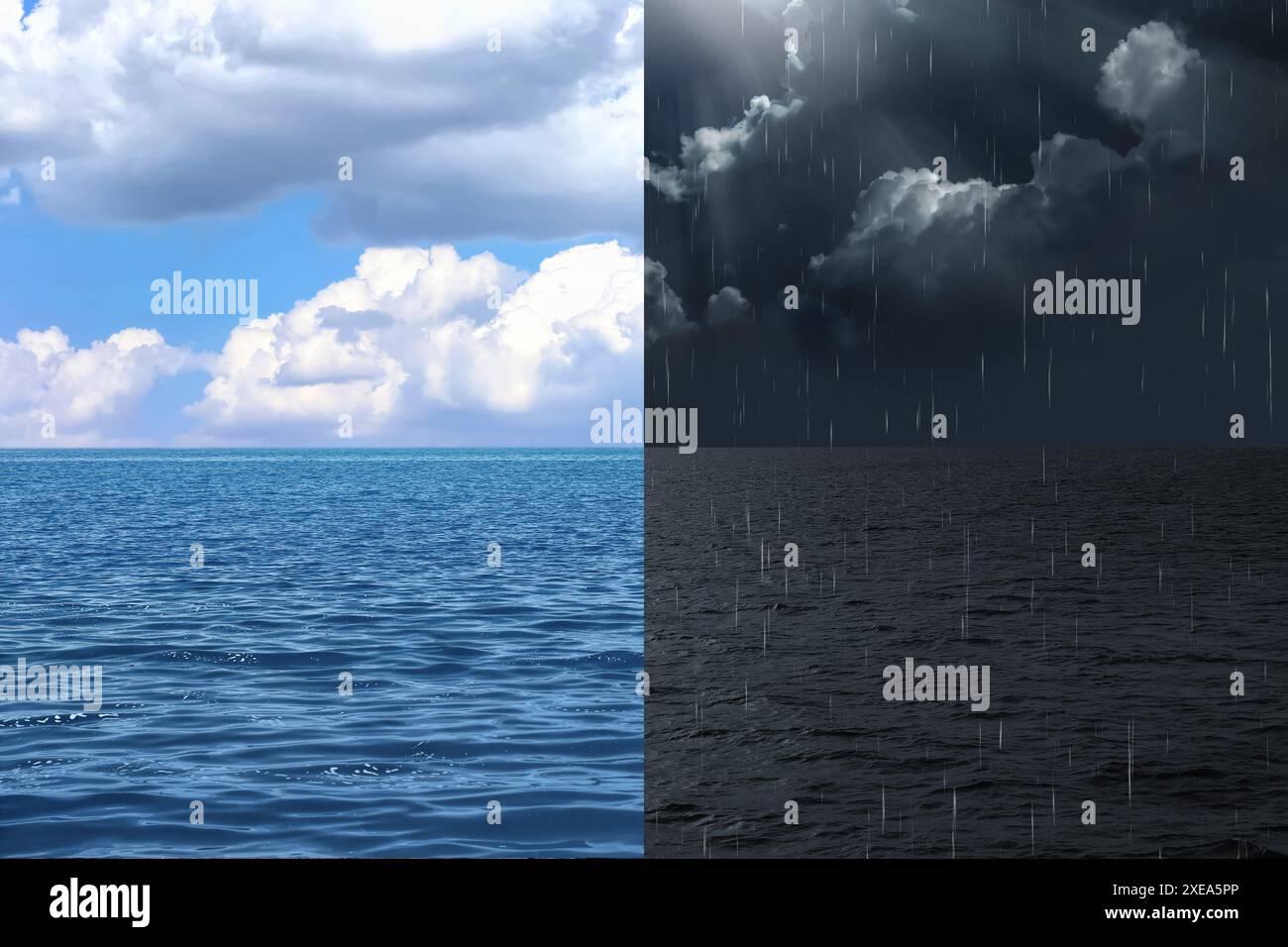 Sea under sky with clouds on one side and during pouring rain on other ...