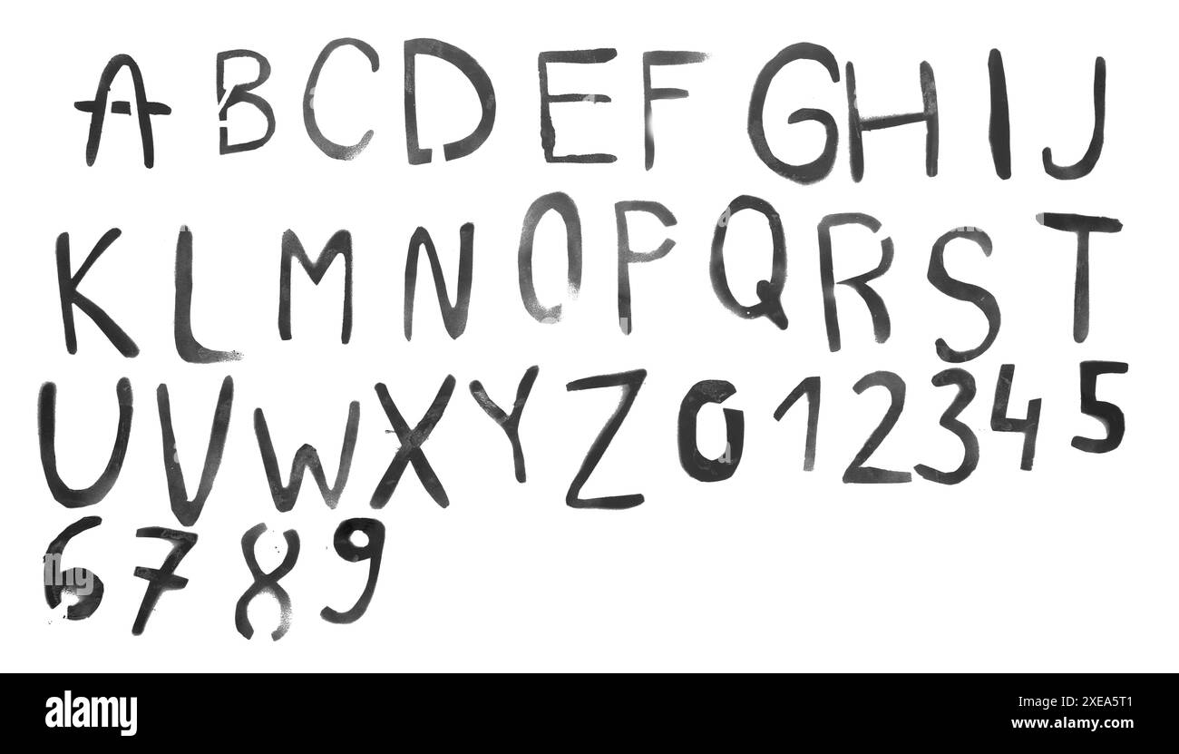 Alphabet written by grey spray paint isolated on white, top view Stock ...