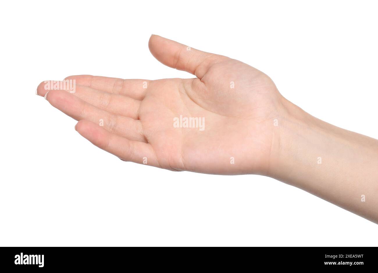 Woman showing hand on white background, closeup Stock Photo - Alamy