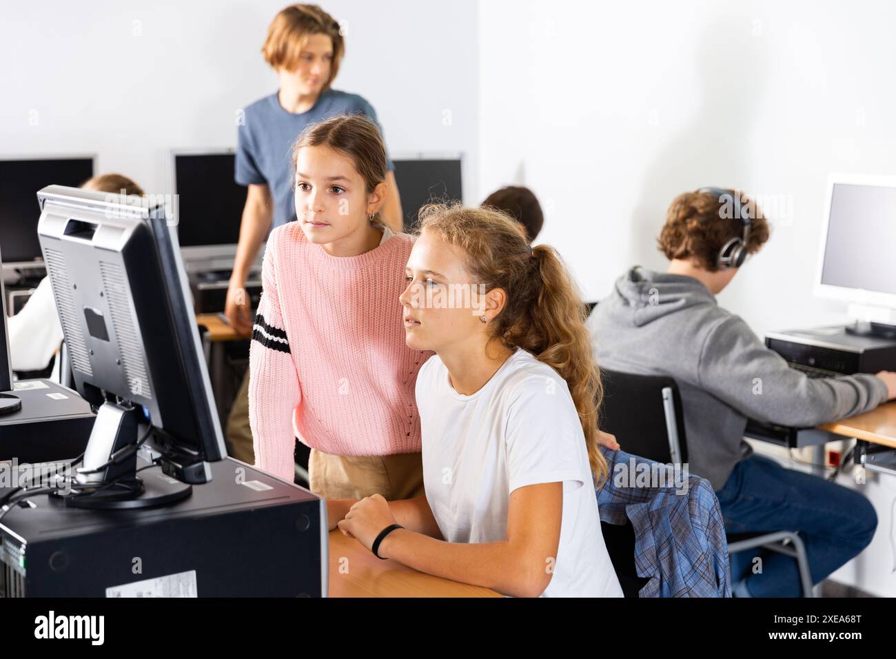Teenager girls and boys studying in computer lab Stock Photo - Alamy