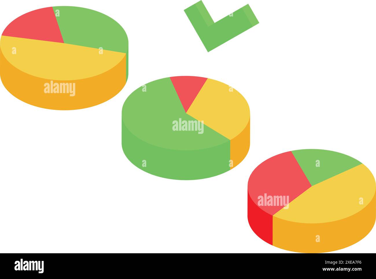 Three multicolored pie charts with a green check mark above them ...