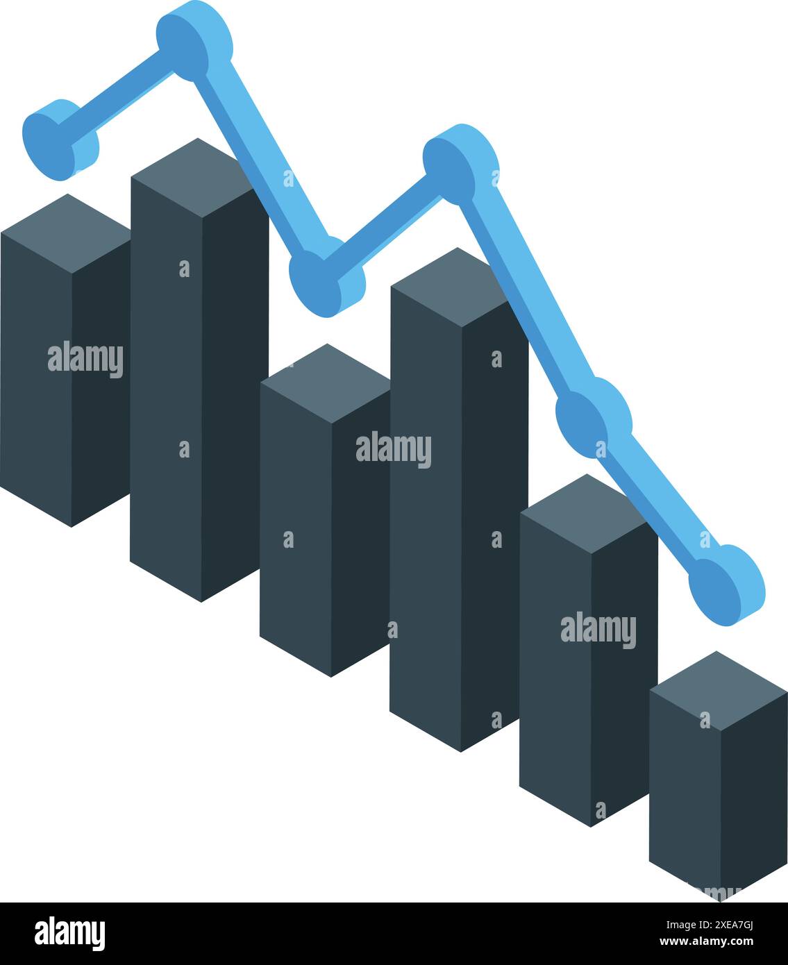 3d isometric illustration of a blue line graph decreasing over grey ...