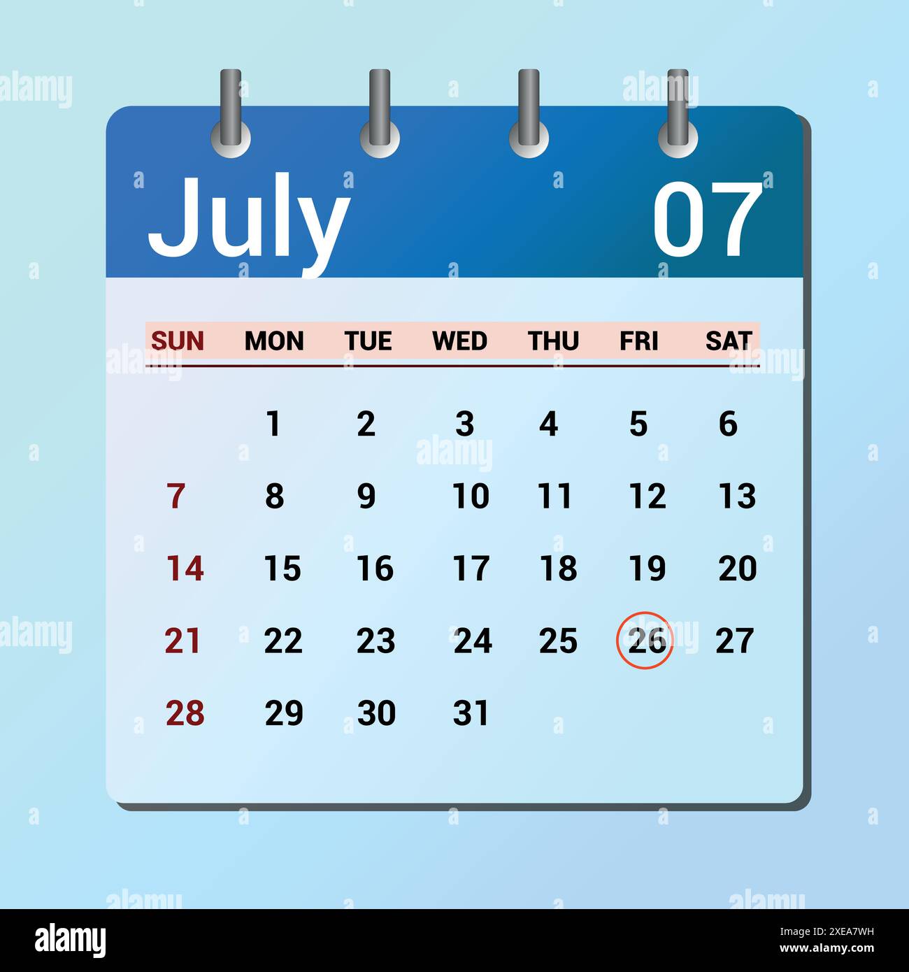 July 26 Flat Icon Calendar Isolated On Blue Background Date And Month