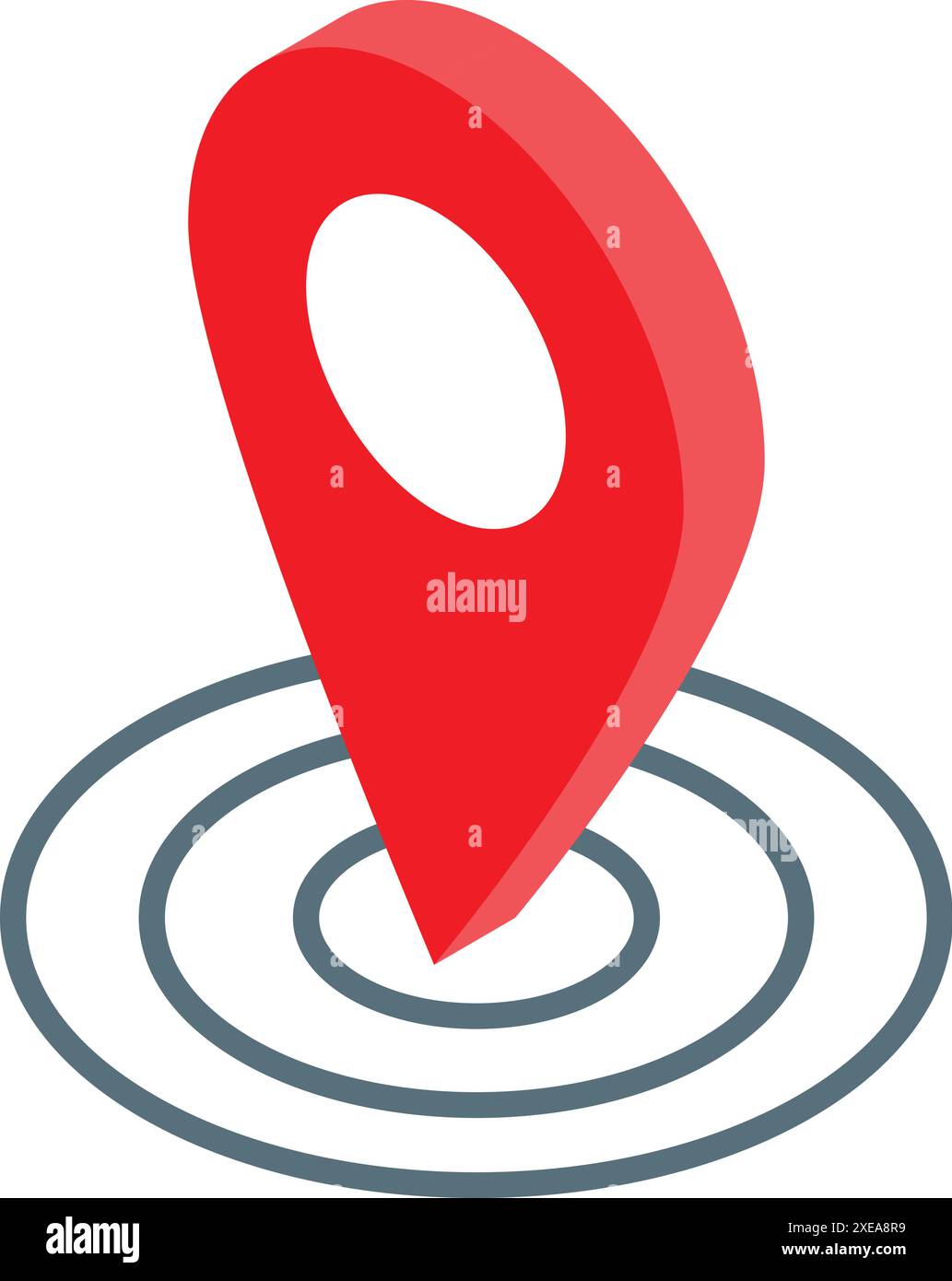 Red location pin dropping on a map showing the area around the ...